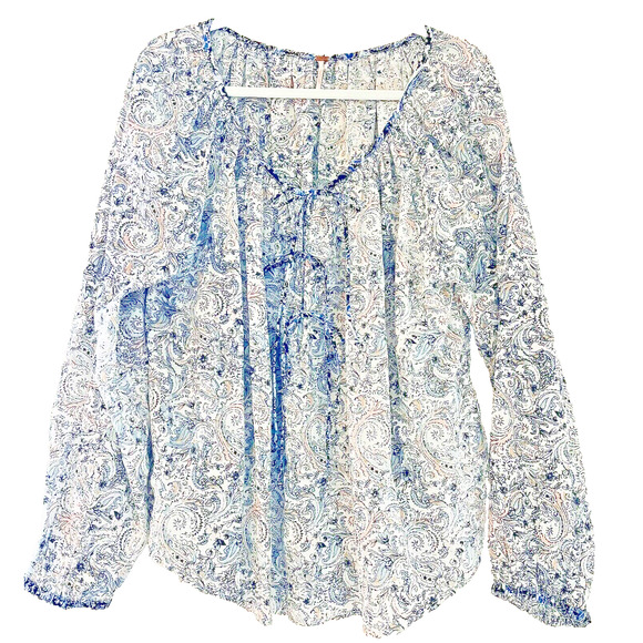 Free People | Tops | Free People Sz M Blue Print Top Sheer Blouse Tie ...